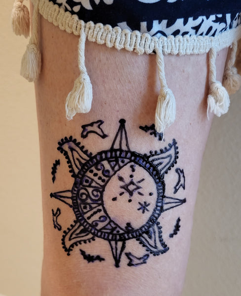 Sun & Moon Harmony Tattoo – Large Jagua Henna Design with Doves, Bats ...